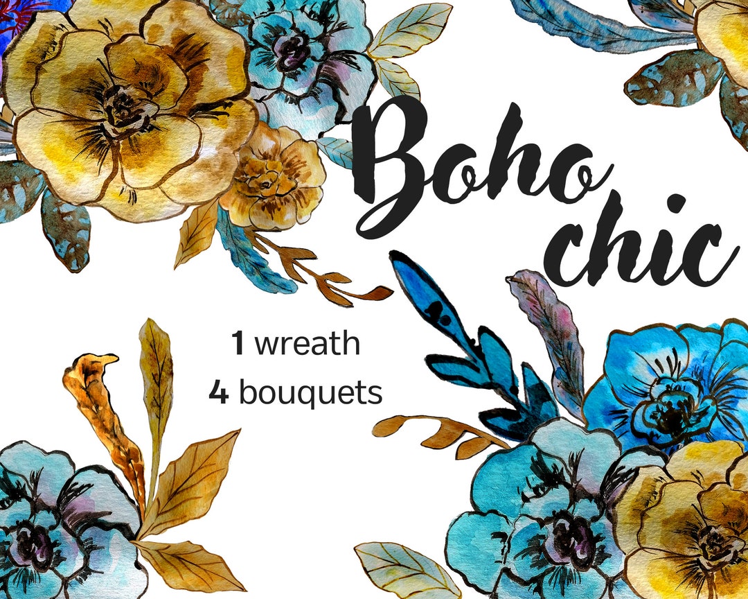Boho Watercolor Clipart, Watercolor Floral Clipart, PNG - Etsy