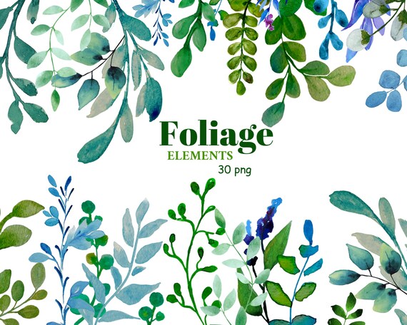 Watercolor Clip Green Leaves Branches Leaves Green Bright | Etsy