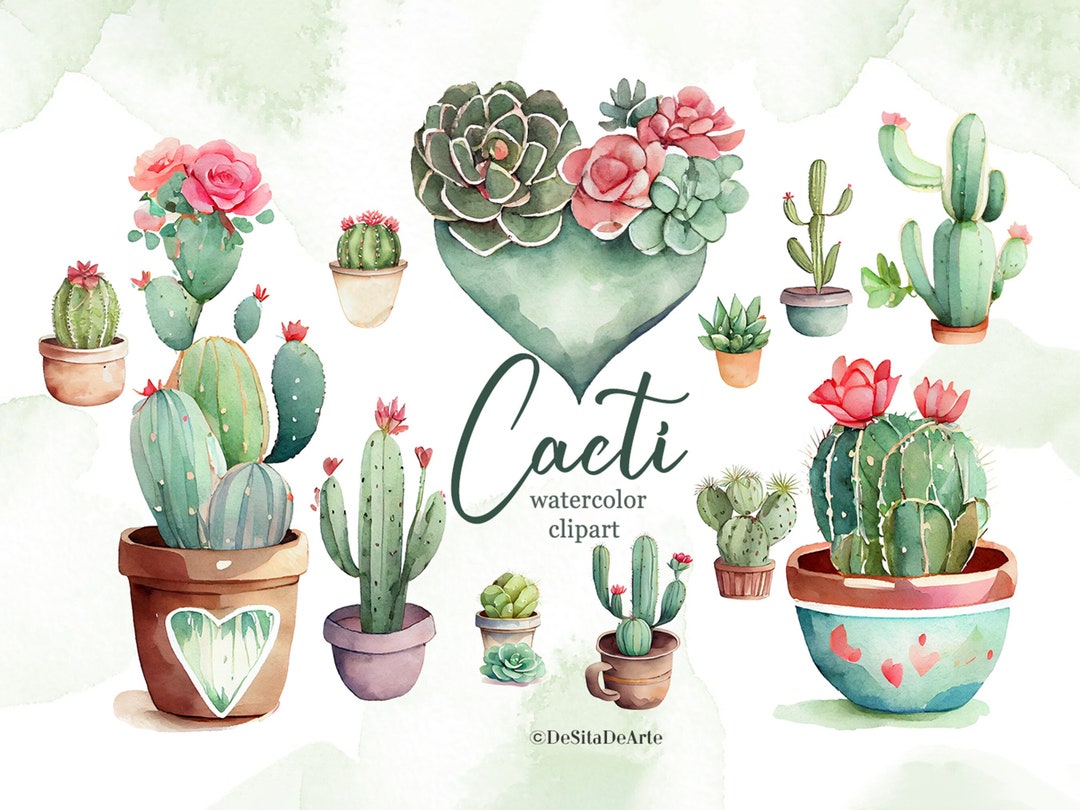 Watercolor Cacti Clipart, Green Cactus Clip Art, Digital Download Png ...