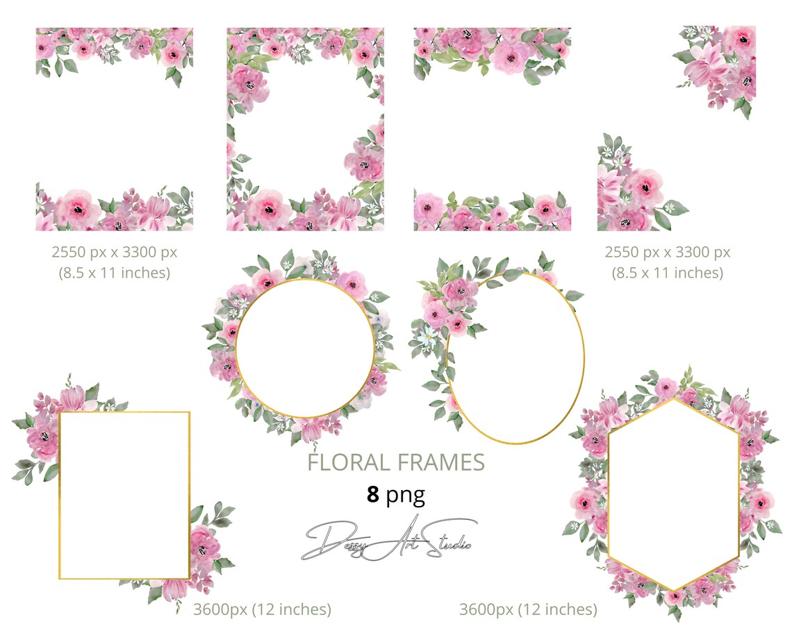 Watercolor Floral Clipart Bright Pink and Gold Frames Borders - Etsy