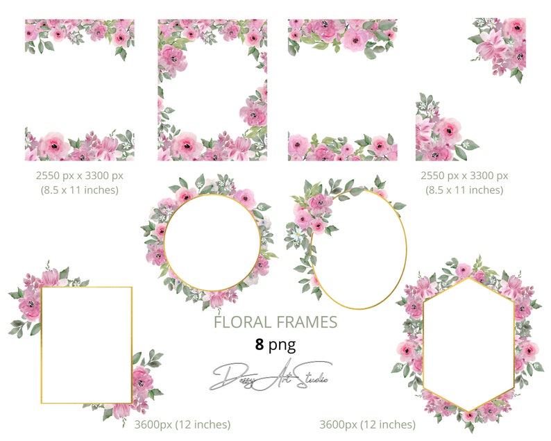 Watercolor Floral Clipart Bright Pink and Gold Frames Borders Clipart ...