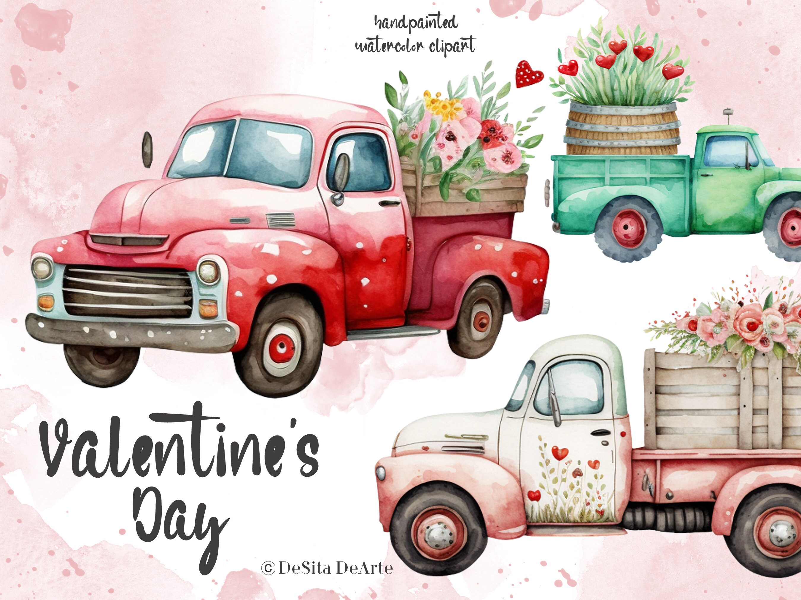 Valentine's Day Watercolor Clipart Trucks Png Valentine - Etsy