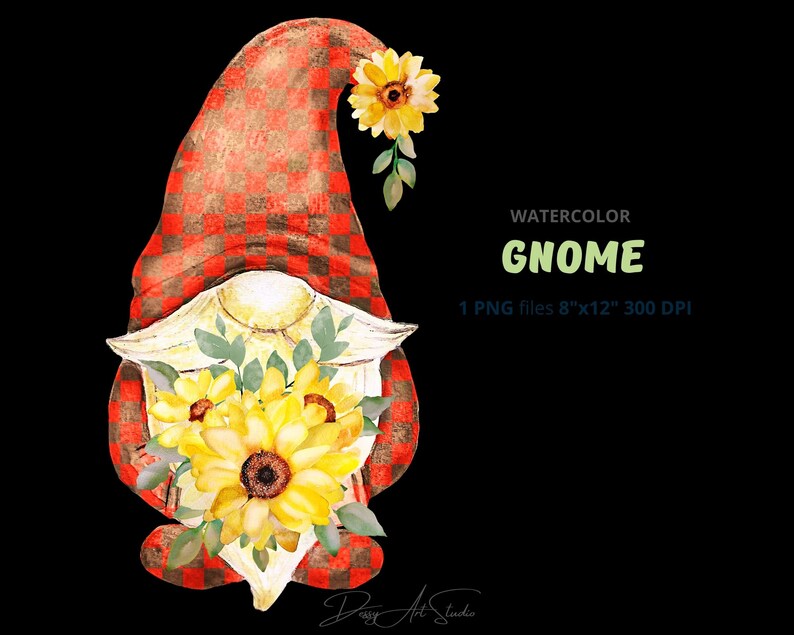 Watercolor Gnome Sunflower PNG Clipart. Summer Gnome PNG Clipart Hand ...