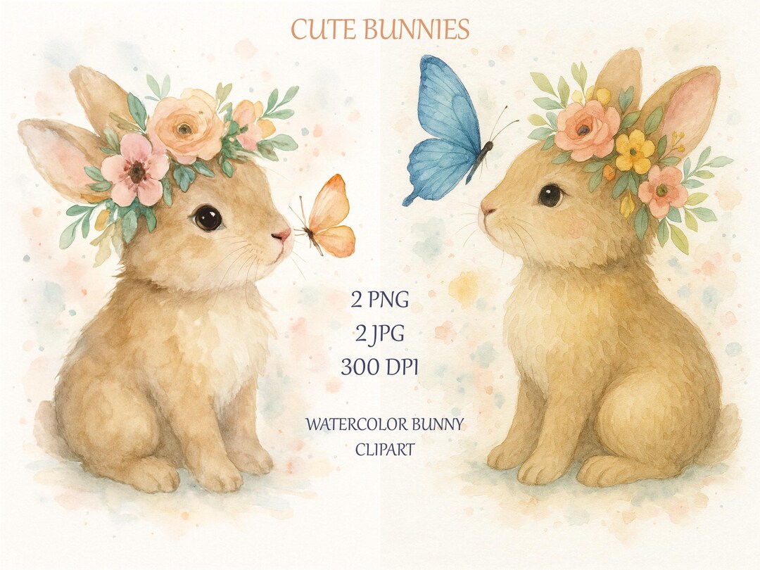 Cute Bunny Clipart, Watercolor Bunnies PNG, PNG Clipart, Boho Nursery ...