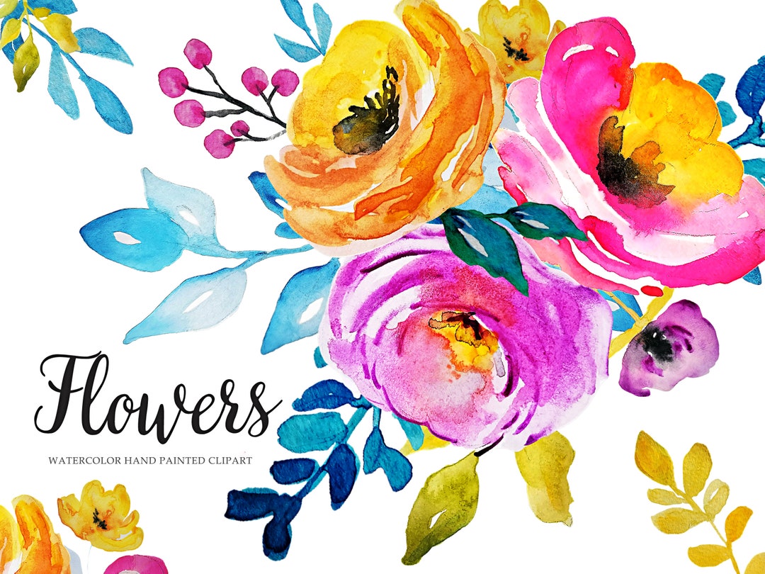Watercolor Bright Summer Flowers, Leaves, Branches Aquarelle Digital ...