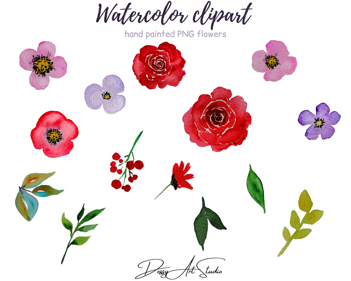 Watercolor Summer Flowers Clipart, Leaves Branches Aquarelle Digital ...