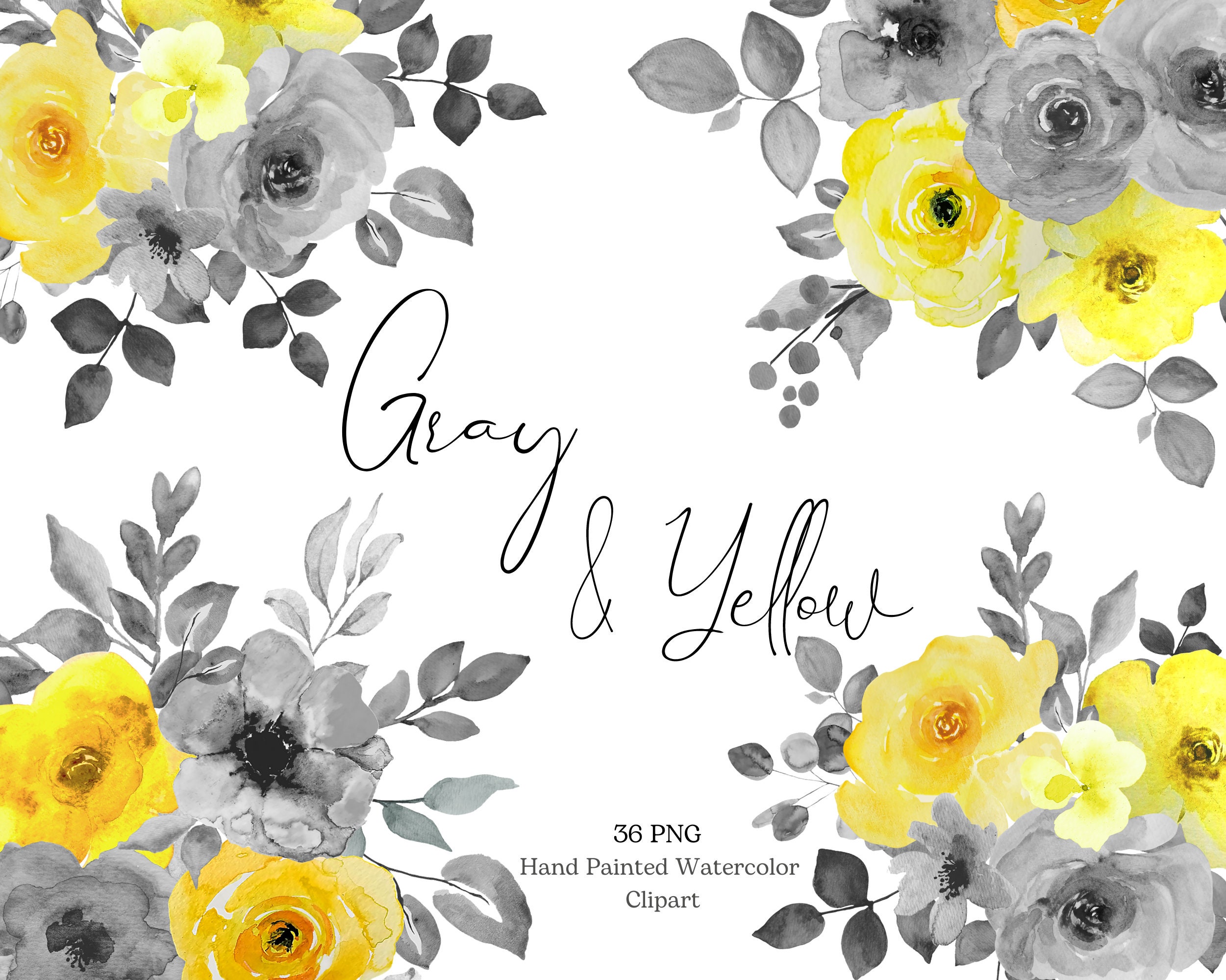 Gray Yellow Watercolor Flowers Clipart Floral Clip Art Rose Flowers ...