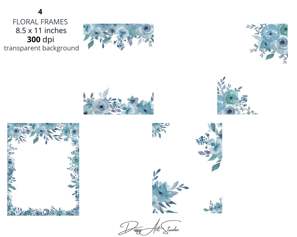 Frames With Blue Roses Watercolor Floral Clipart Flower Frames - Etsy