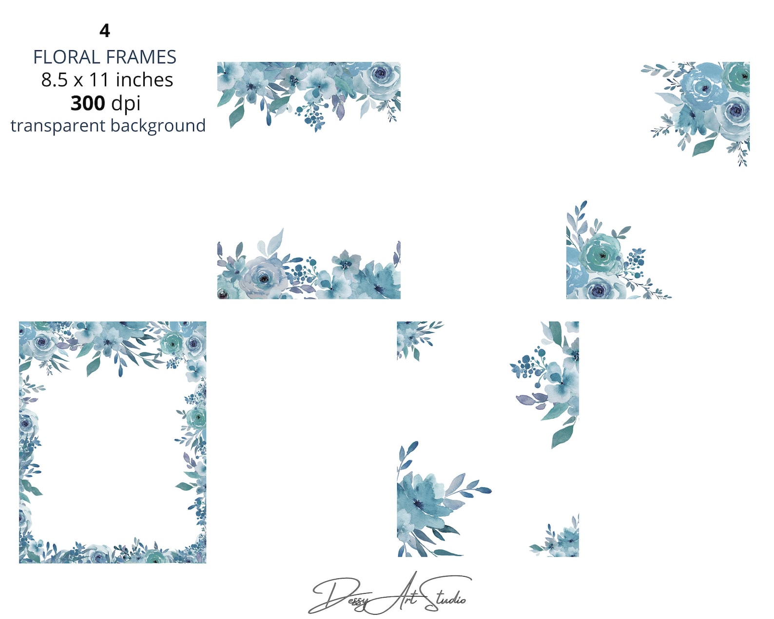 Frames With Blue Roses Watercolor Floral Clipart Flower Frames Border ...