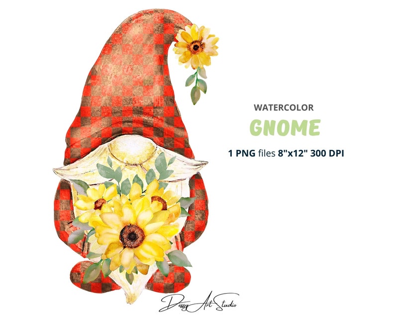 Watercolor Gnome Sunflower PNG Clipart. Summer Gnome PNG Clipart Hand ...