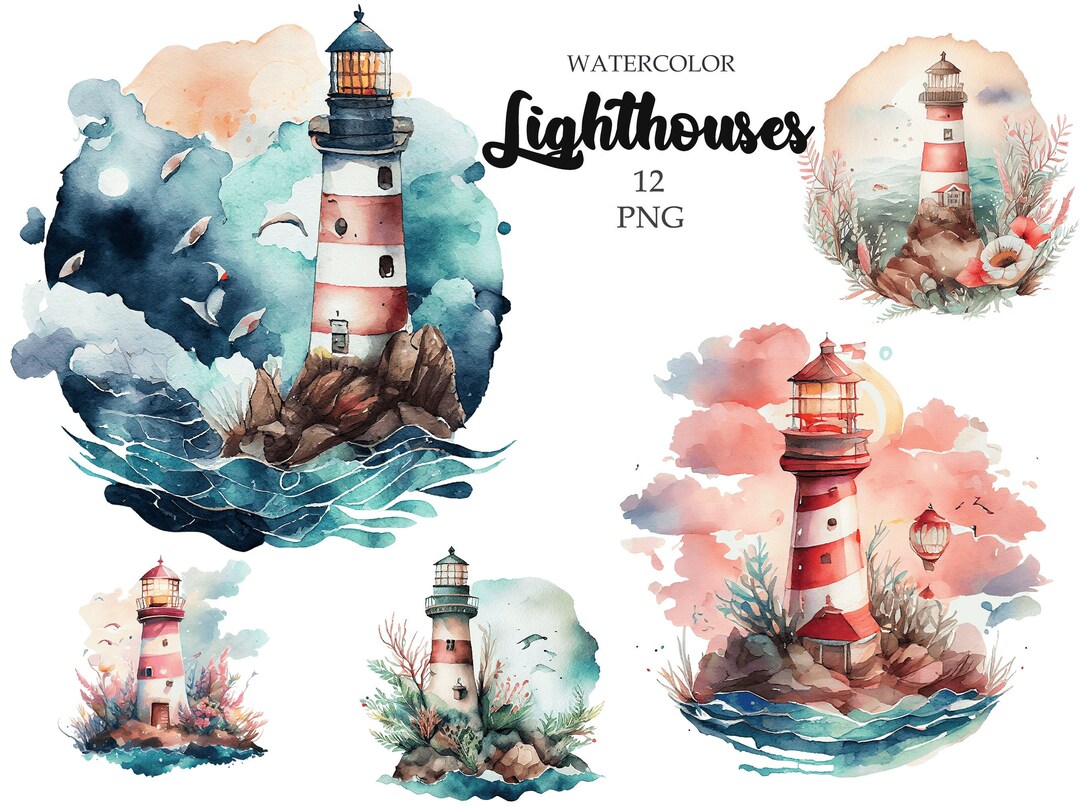 Watercolor Lighthouses Clipart, Ocean Clipart, Instant Download, PNG - Etsy