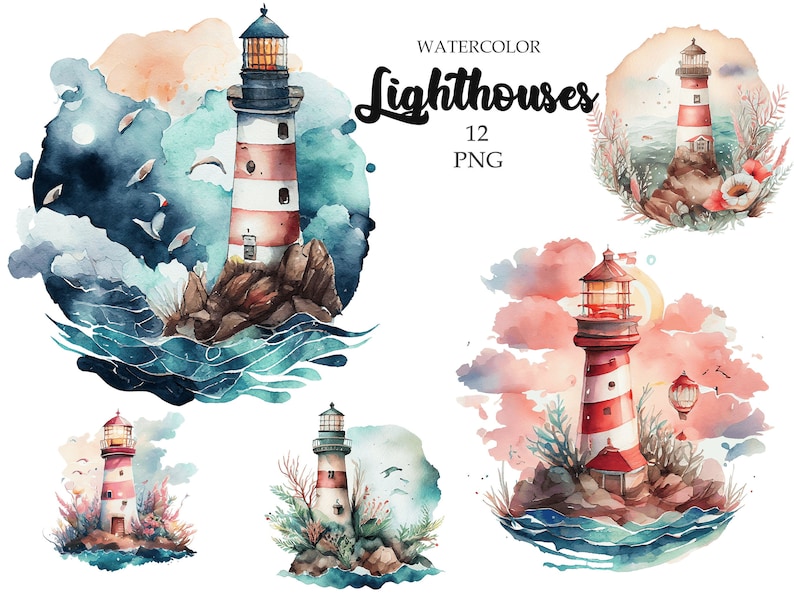 Watercolor Lighthouses Clipart Ocean Clipart Instant - Etsy