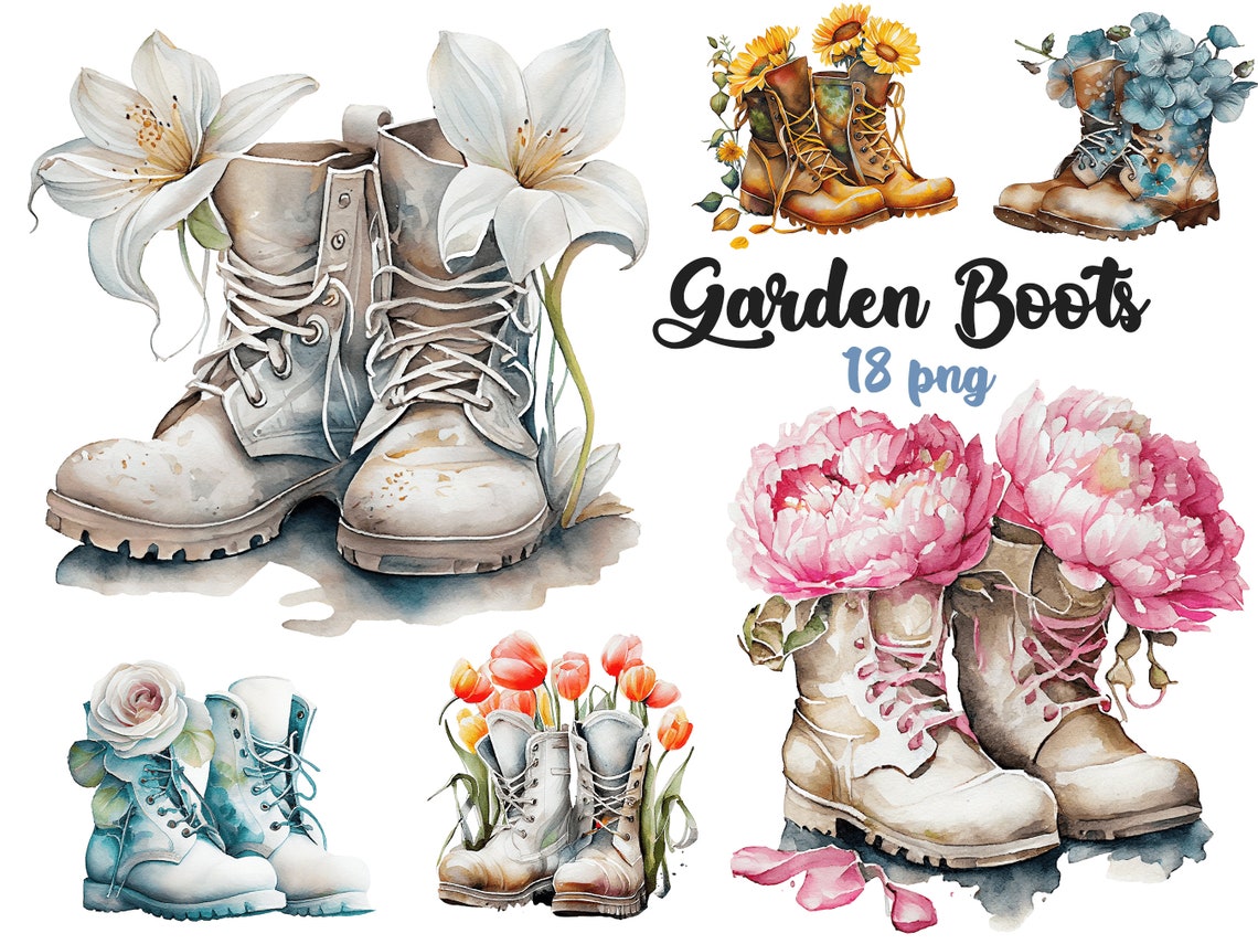Watercolor Floral Boots Clipart, Spring Garden Clipart, Boho Flowers ...
