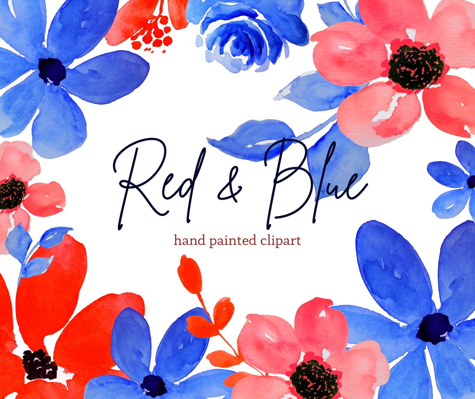Watercolor Flowers Floral Clipart Color Clipart Red and Blue - Etsy