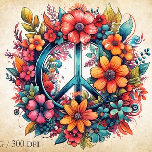 Watercolor Retro Flower Peace Sign, Peace Symbol, Sublimation Digital ...