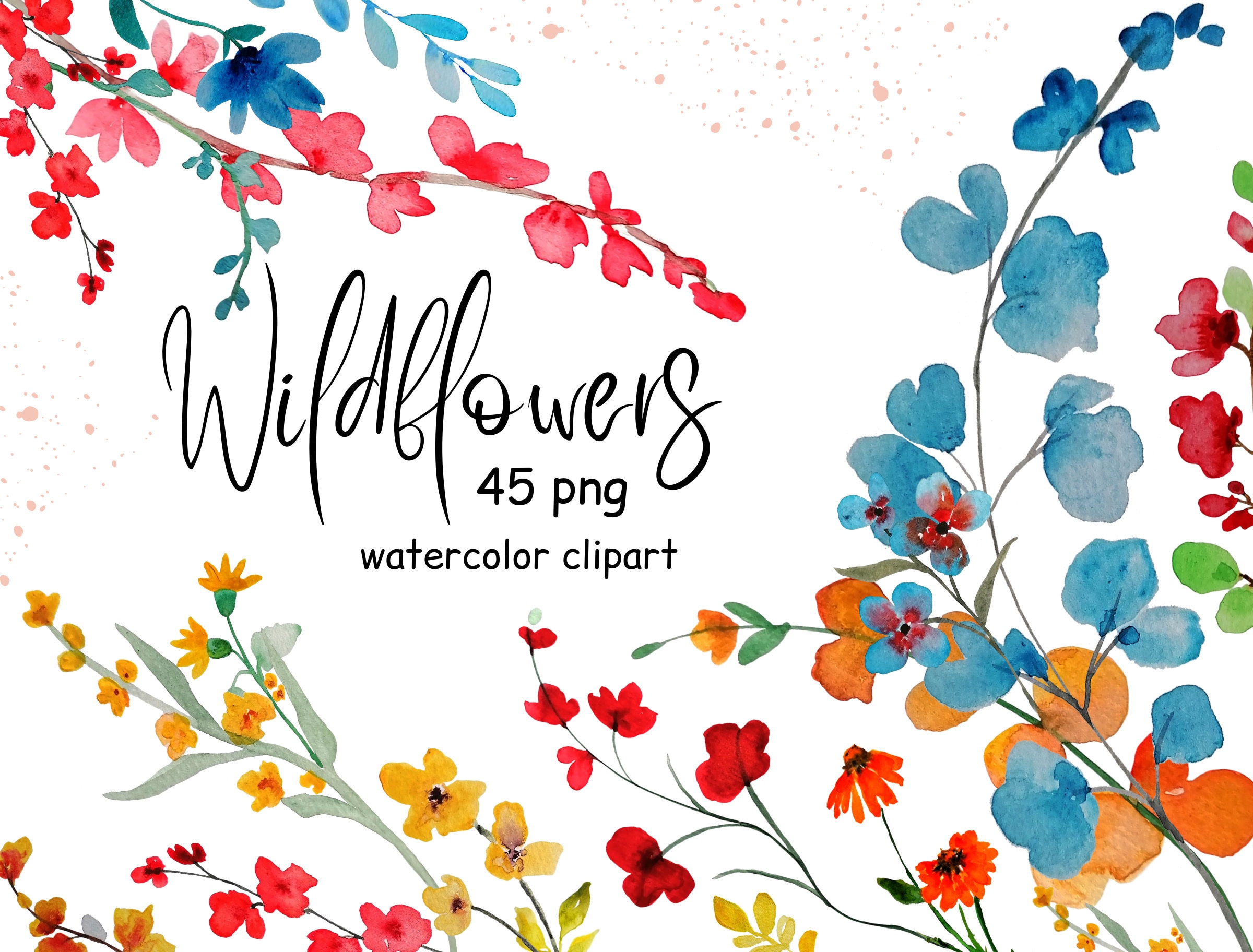 Wildflowers 45 PNG Watercolor Floral Clipart Wildflowers | Etsy