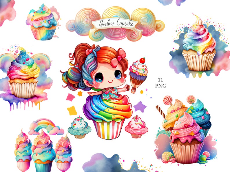 Rainbow Cupcake Clipart Sweets Clipart Instan Download PNG - Etsy