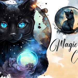 Watercolor Black Cat, Clip Art, Magic Kitty, Moon, Mystical Clipart ...