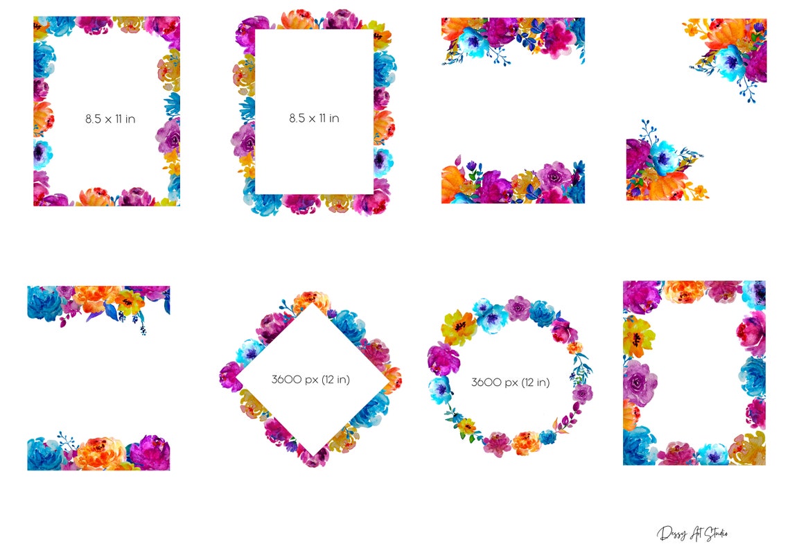 Colorful Floral Clipart Watercolor Frames Clip Art Flowers - Etsy