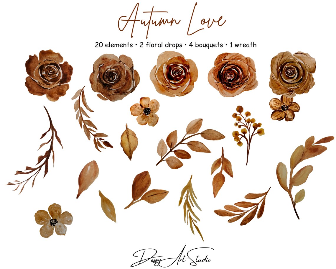 Watercolor flowers Clipart Golden brown Roses Aquarelle Clip | Etsy
