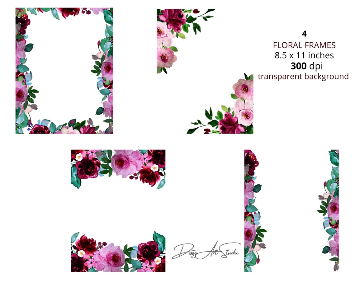 Burgundy Roses FRAMES Clipart Border Spring Summer Flowers Gold Frame ...