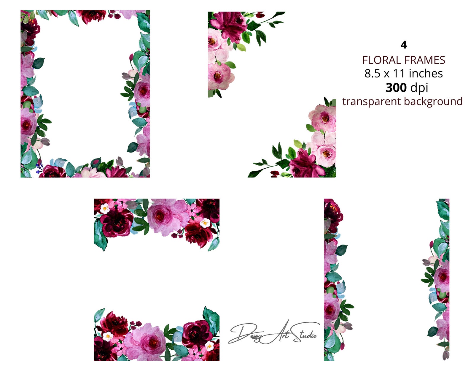 Burgundy Roses FRAMES Clipart Border Spring Summer Flowers - Etsy