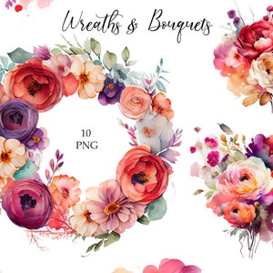Watercolor Bouquets & Wreaths Clipart, Flowers Clipart, Wedding ...