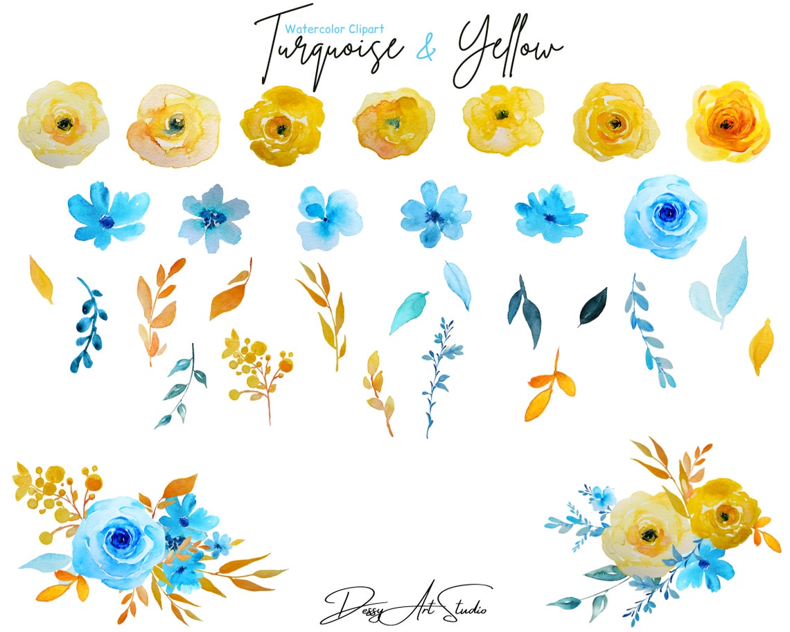 Flowers Watercolor Clipart Clipart Turquoise Yellow - Etsy