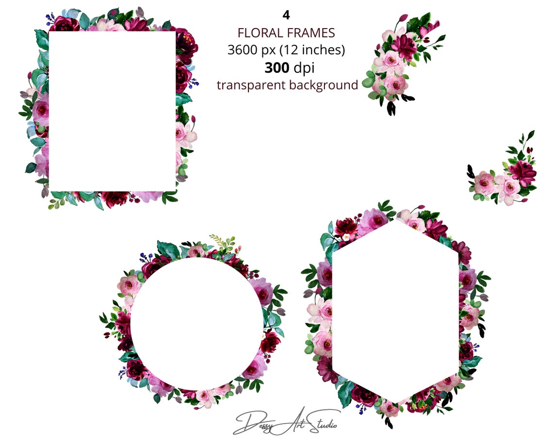 Burgundy Roses FRAMES Clipart Border Spring Summer Flowers Gold Frame ...