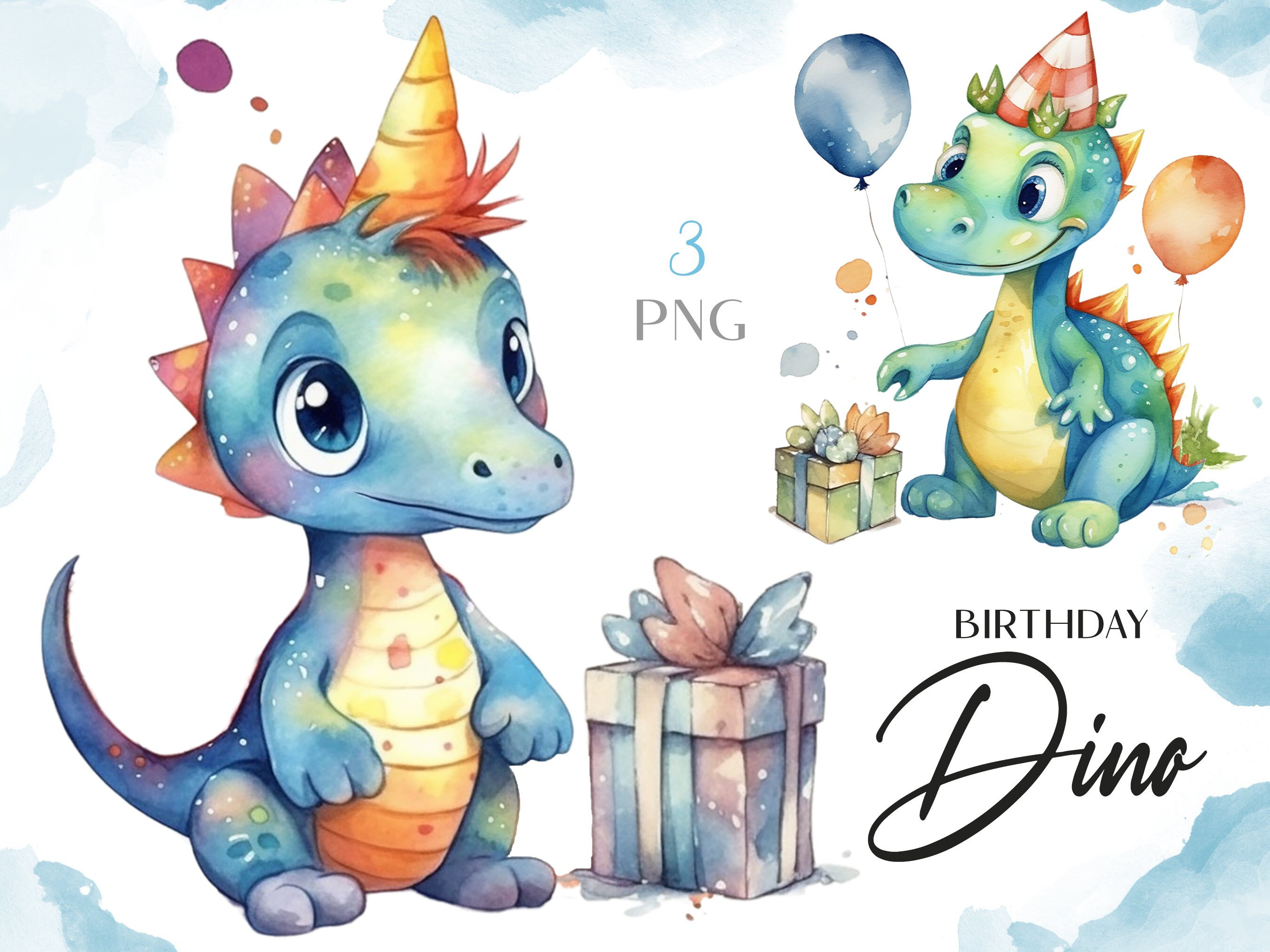 Birthday Dino Clipart, Dinosaur Clipart, Cute Dino Clipart, Watercolor ...