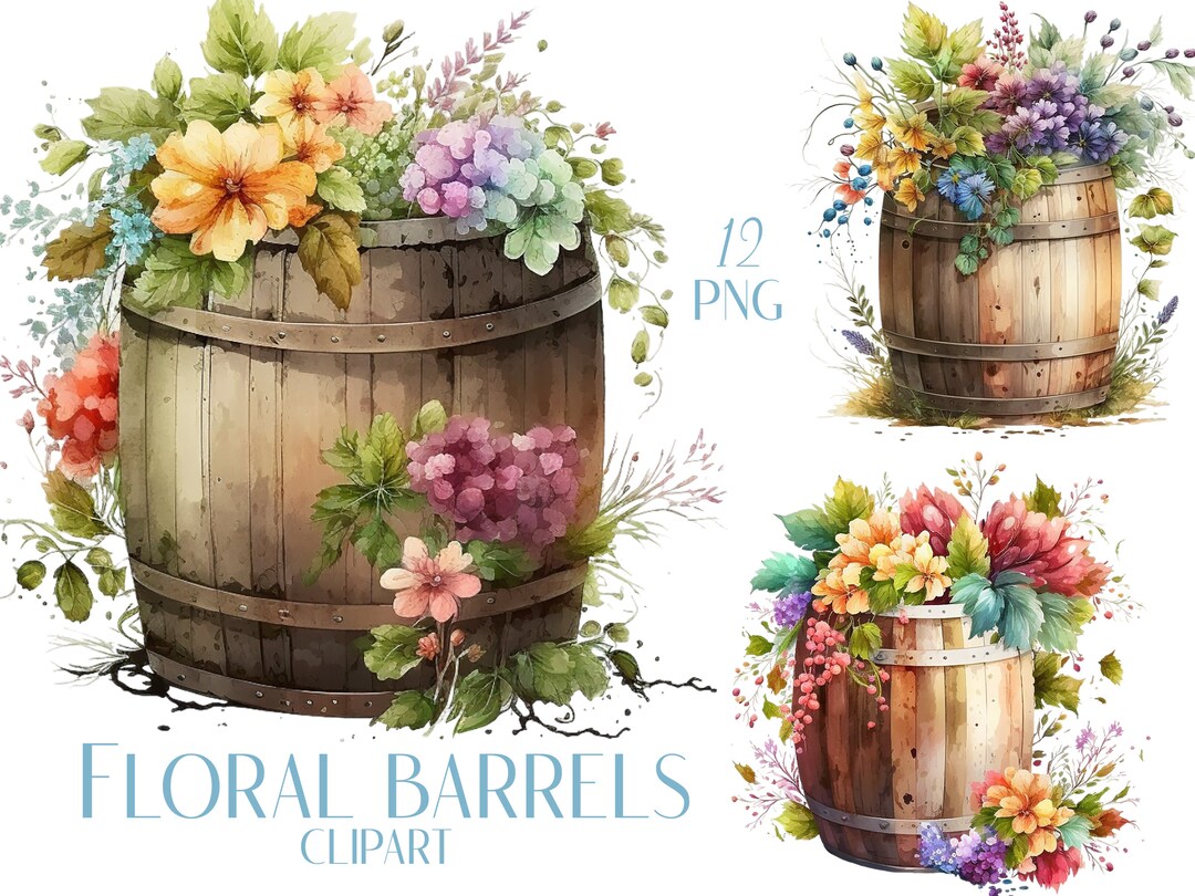 Watercolor Floral Barrels Clipart, Clipart PNG, Instant Download - Etsy