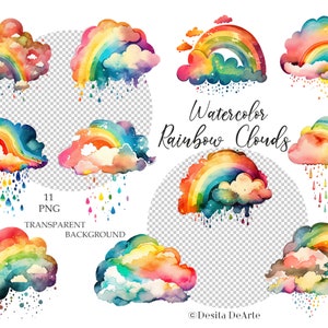 Watercolor Rainbow Clouds Clipart, Nursery Decor, Instant Download, PNG ...