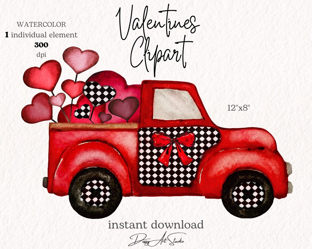 Valentines Watercolor Clipart, Red Truck, Hearts, Love Clipart, Instant ...