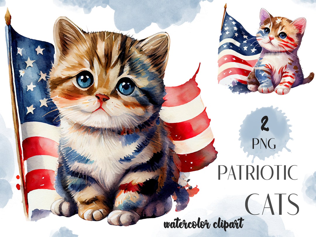 4th July Watercolor Cute Cats Clipart, Patriotic Clipart, Independence ...