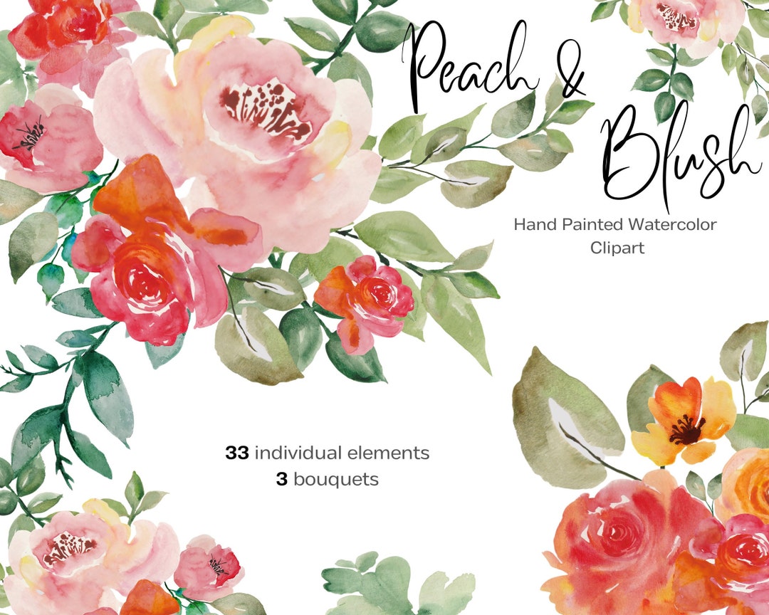 Peach Roses Blush Watercolor Floral Clipart, Wedding Invitations Print ...