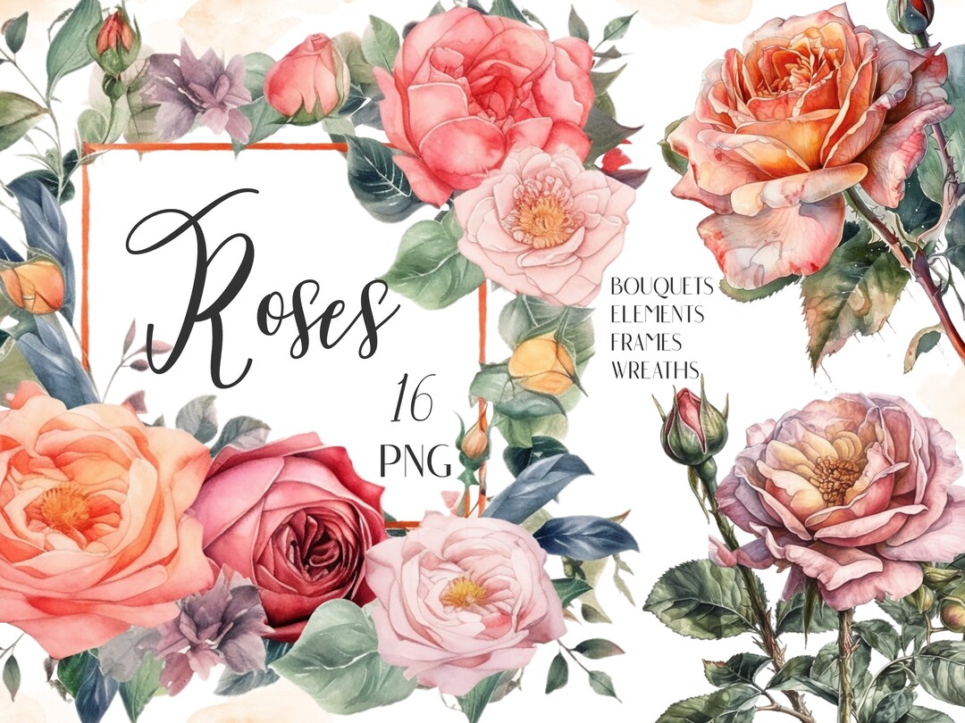 Watercolor Roses Clipart, Floral Clipart, Wedding, Wreaths, Frames ...