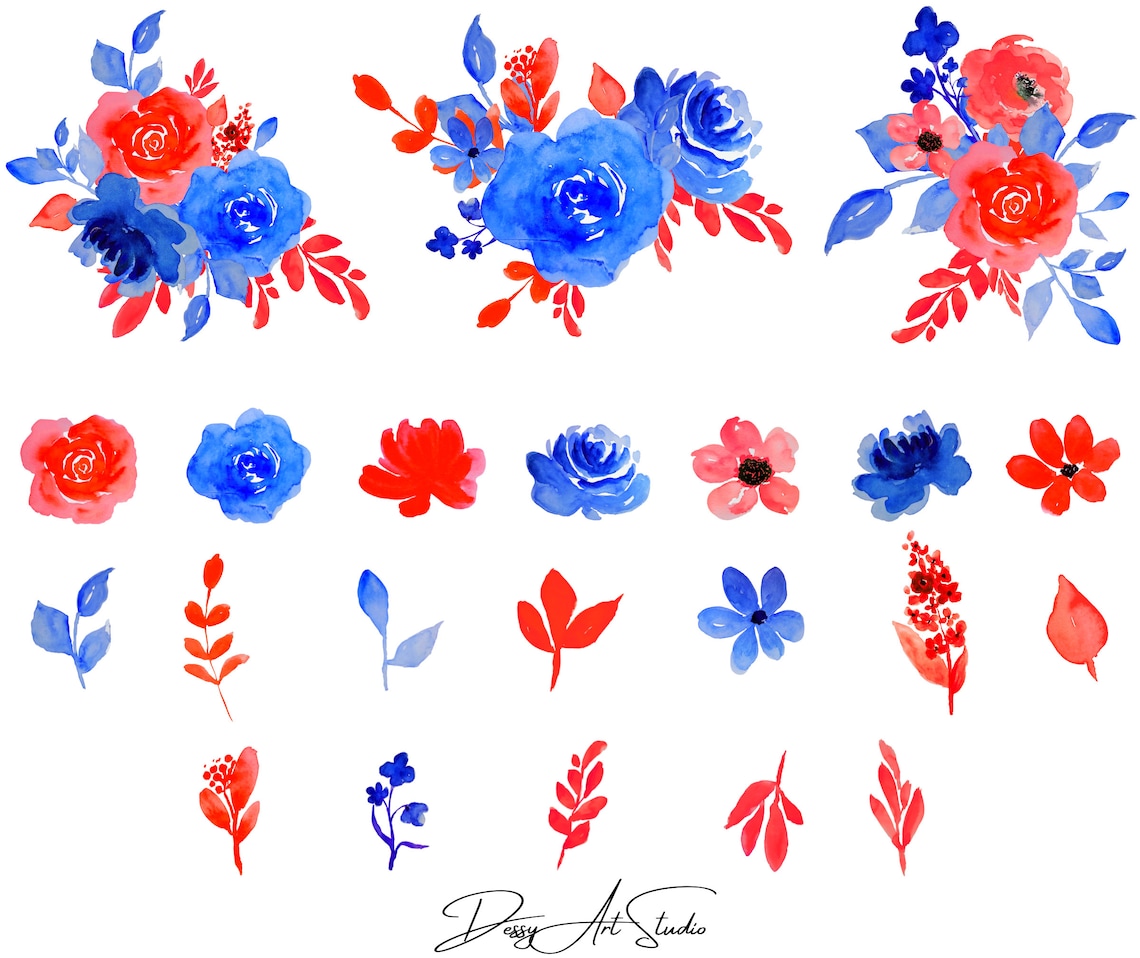 Watercolor Flowers Floral Clipart Color Clipart Red and Blue - Etsy