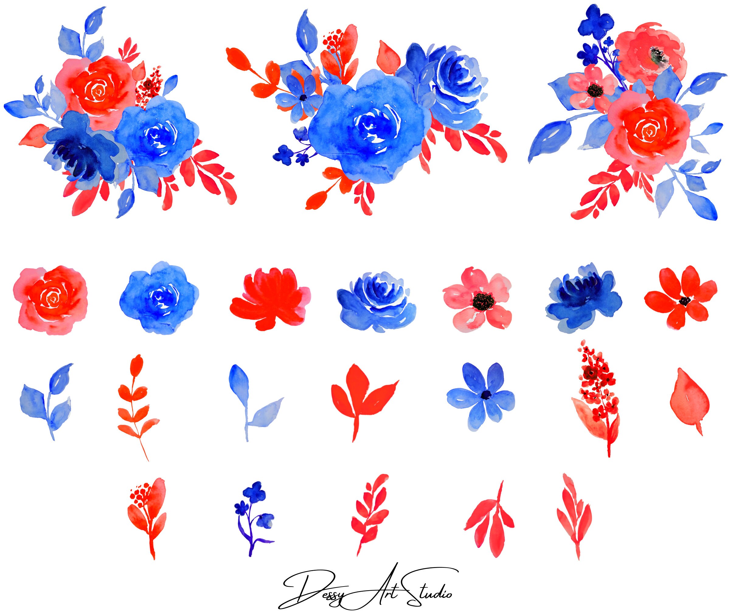 Watercolor Flowers Floral Clipart Color Clipart Red and Blue - Etsy