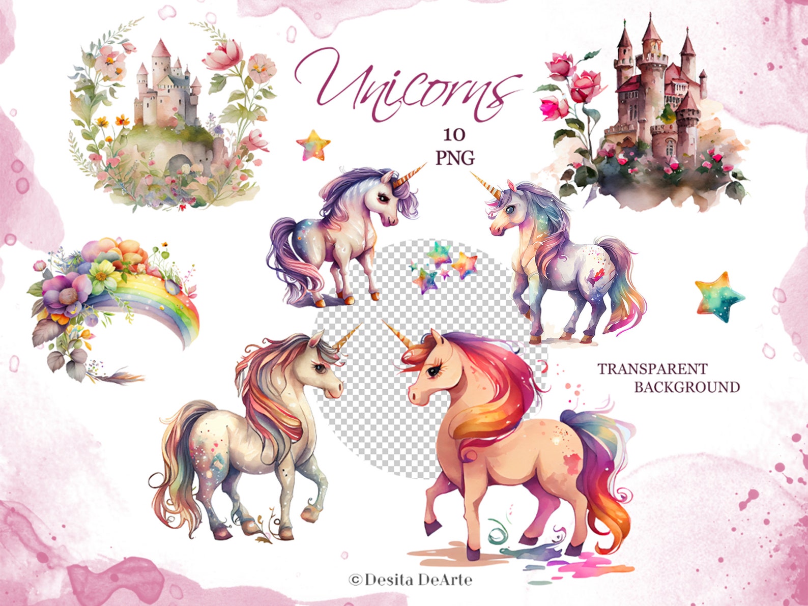 Unicorns Watercolor Clipart, Nursery Decor, Castle, Rainbow, Instant ...