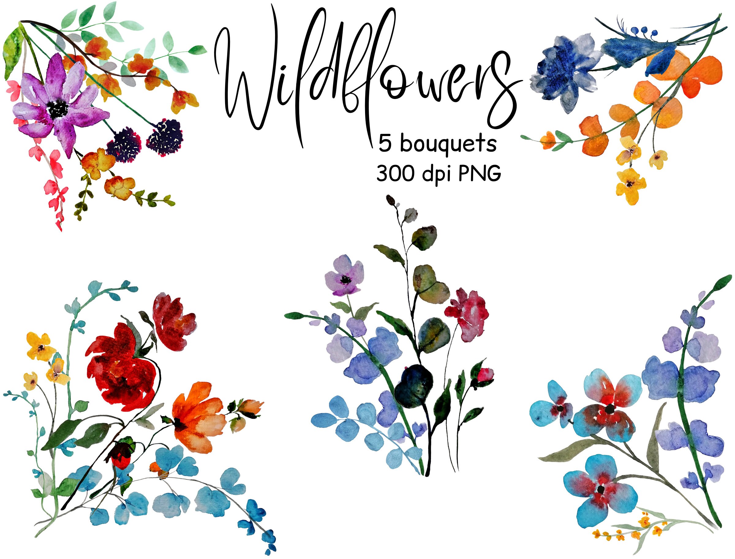 Wildflowers 45 PNG Watercolor Floral Clipart Wildflowers | Etsy