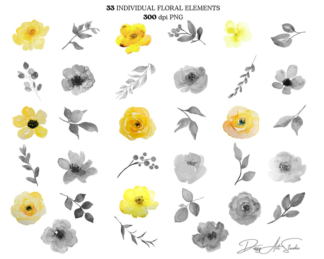 Gray Yellow Watercolor Flowers Clipart Floral Clip Art Rose - Etsy