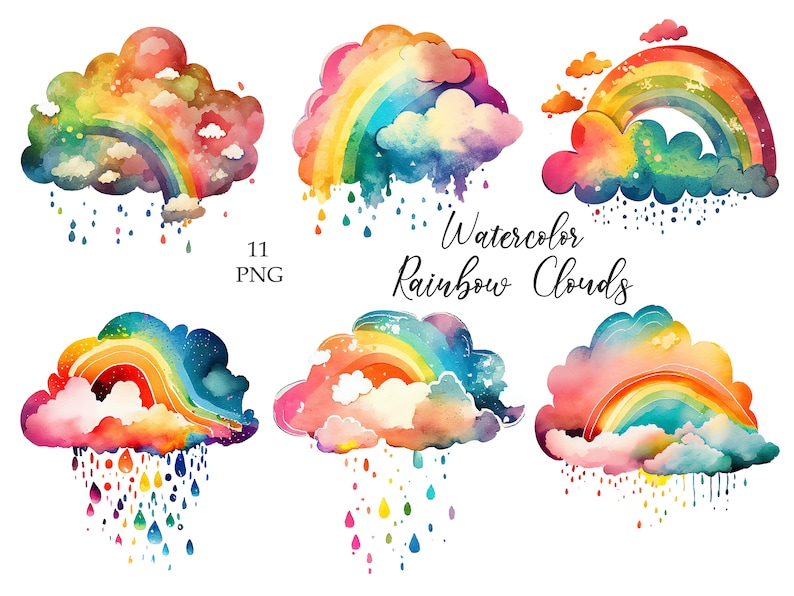 Watercolor Rainbow Clouds Clipart Nursery Decor Instant - Etsy