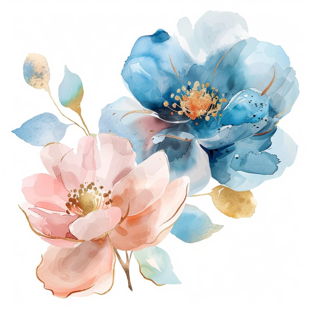 10 Abstract Flowers Clipart, Blue and Pink Gold Flower, Flowers PNG ...
