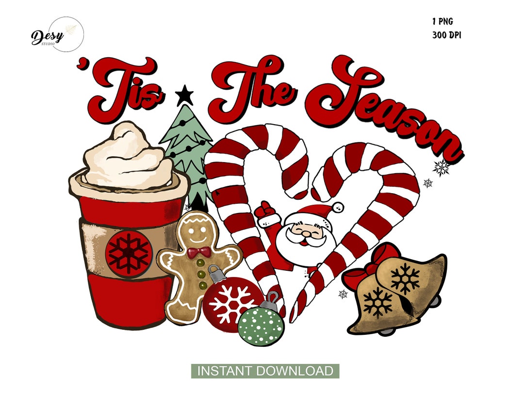 Christmas Clip Art, Tis the Season PNG, Retro Christmas, Christmas ...