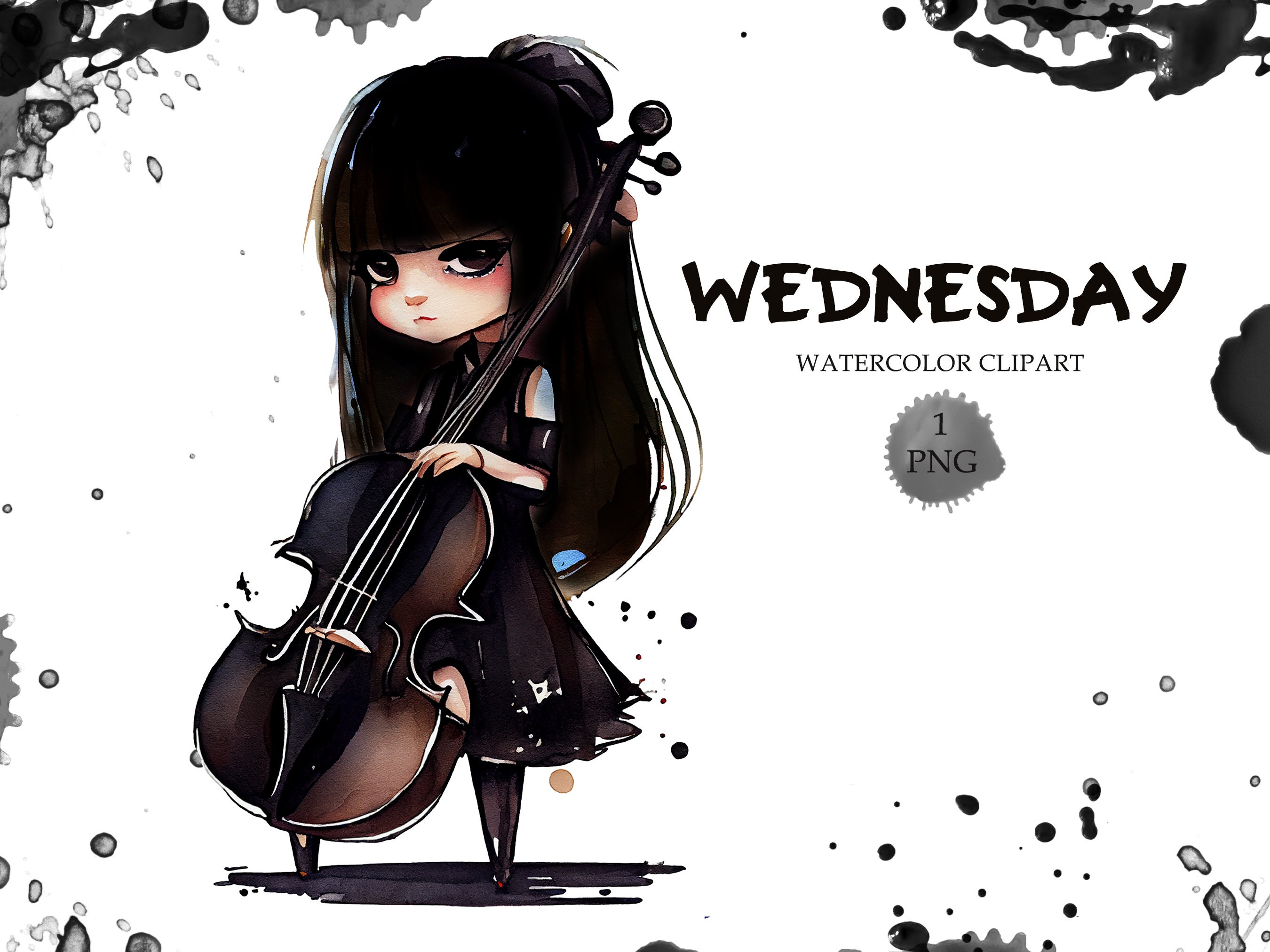 Wednesday Watercolor Clipart Cello Gothic Girl Gothic - Etsy