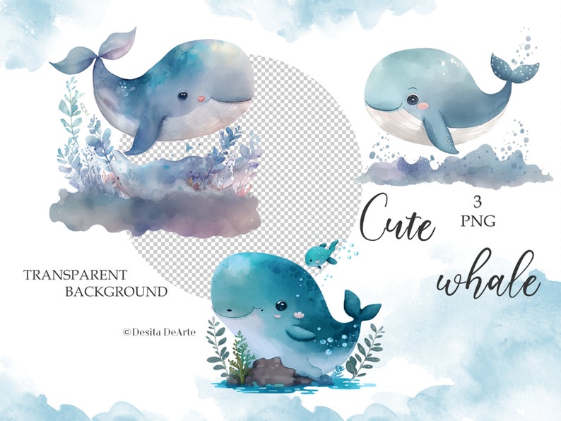 Cute Whale Clipart Watercolor Whale Clipart Under the Sea - Etsy