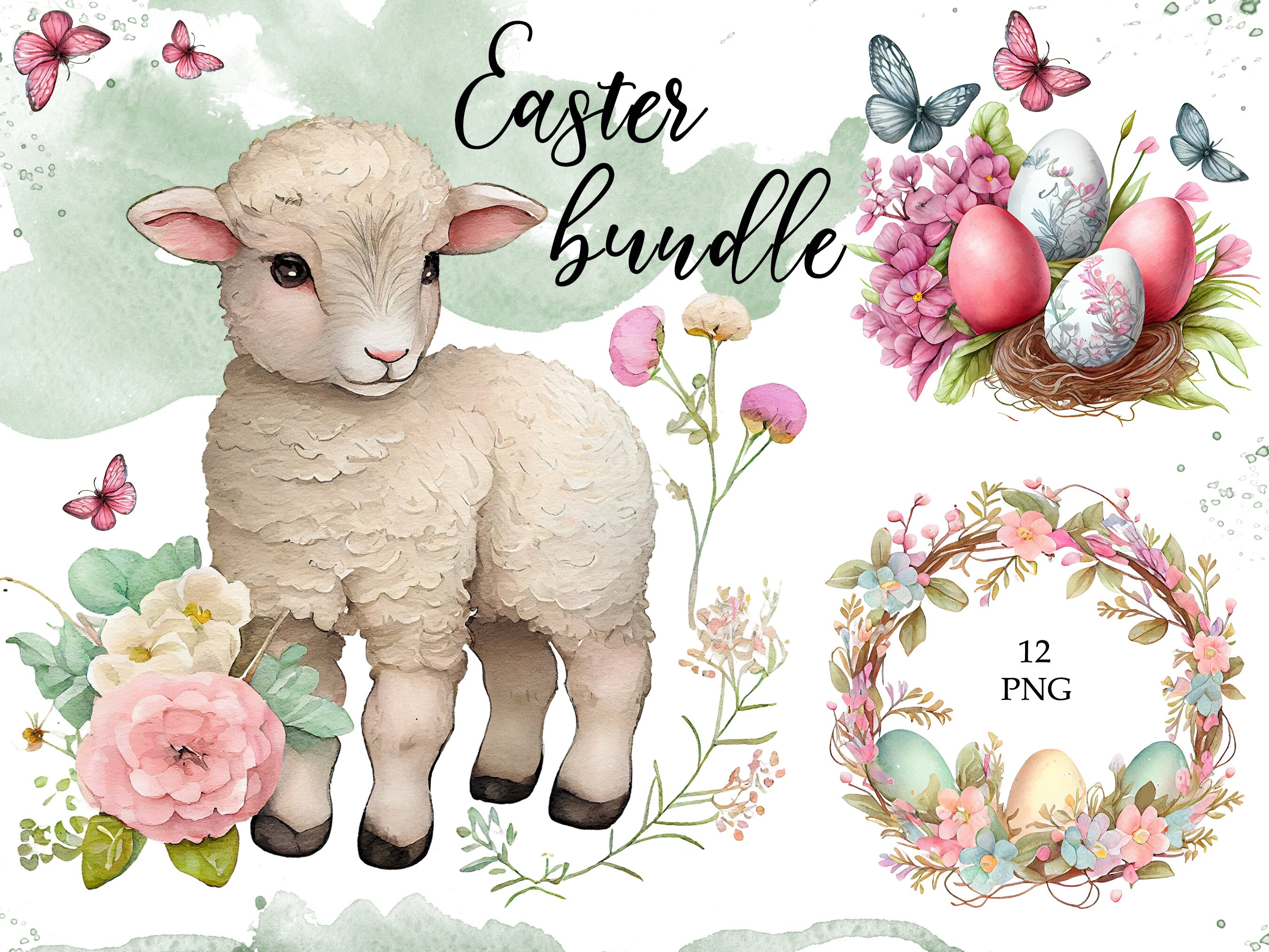 Easter Bundle Clipart, Floral Spring Clipart Watercolor Easter, Instant ...