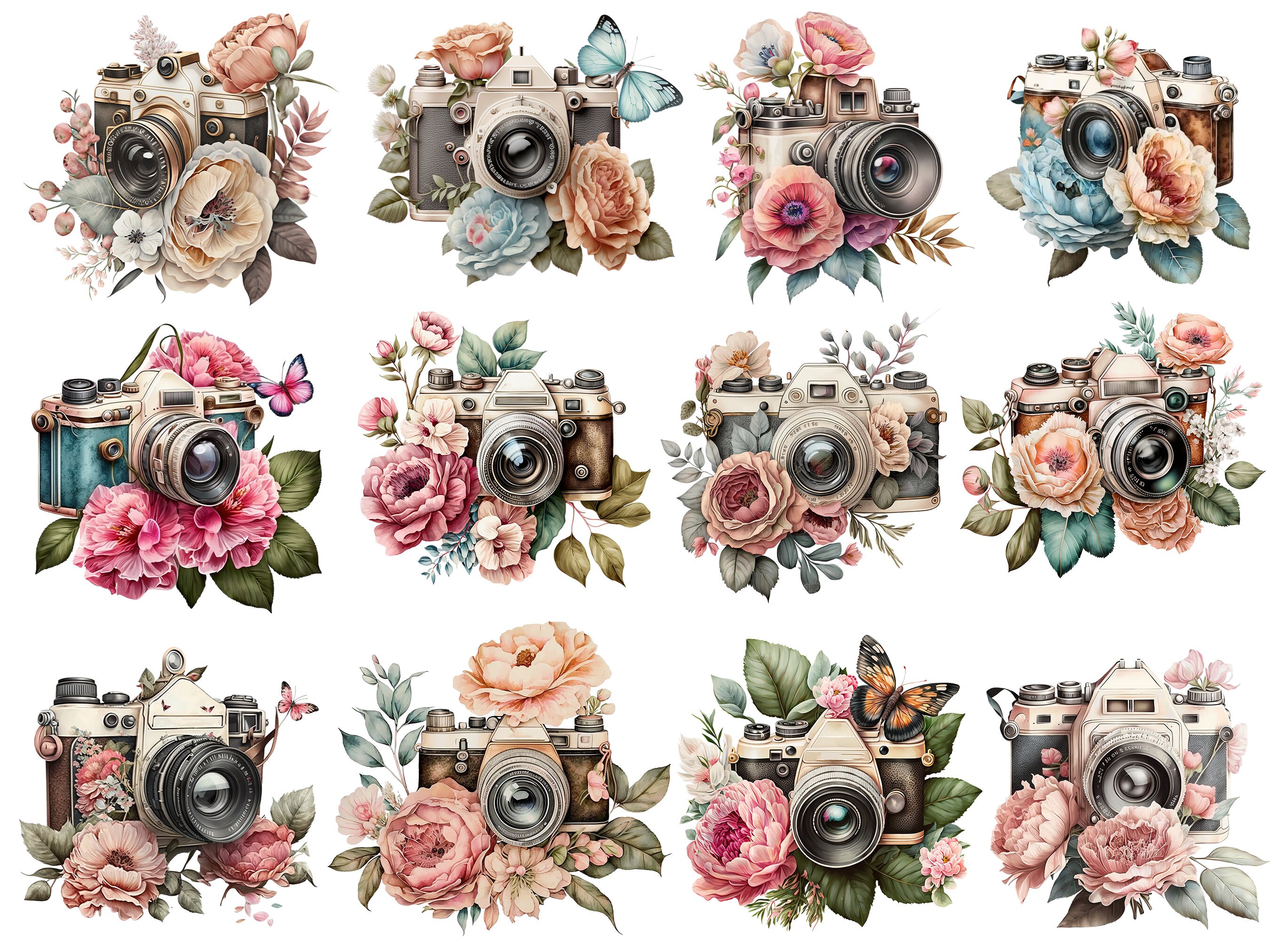 Floral Cameras Clipart, Cameras Png, Vintage Clipart, Retro Clip Art ...