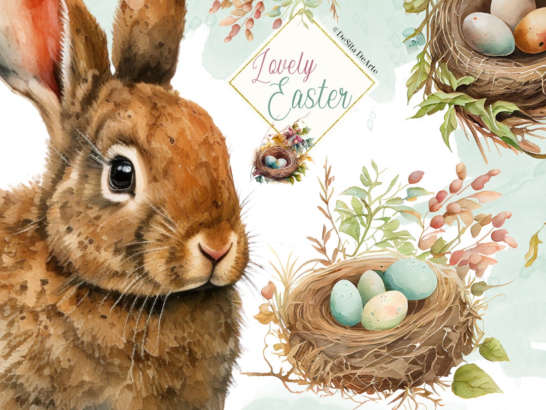 Happy Easter Clipart, Cute Bunny, Watercolor Easter Bunny Clip Art ...