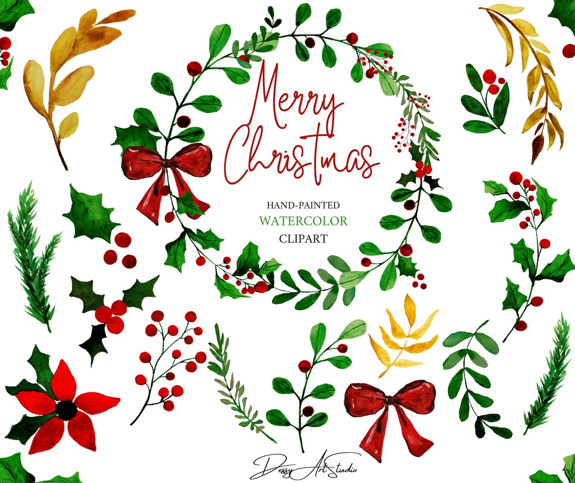 Watercolor Christmas Clipart Hand-painted Decoration | Etsy